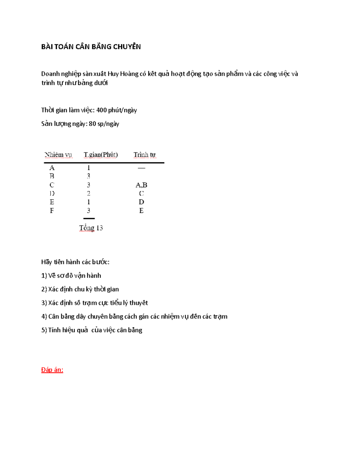 BÀI TOÁN, ĐÁP ÁN CÂN BẰNG CHUYỀN - BÀI TOÁN CÂN BẰẰNG CHUYỀẰN Doanh nghi ệp sàn xuấất Huy Hoàng ...