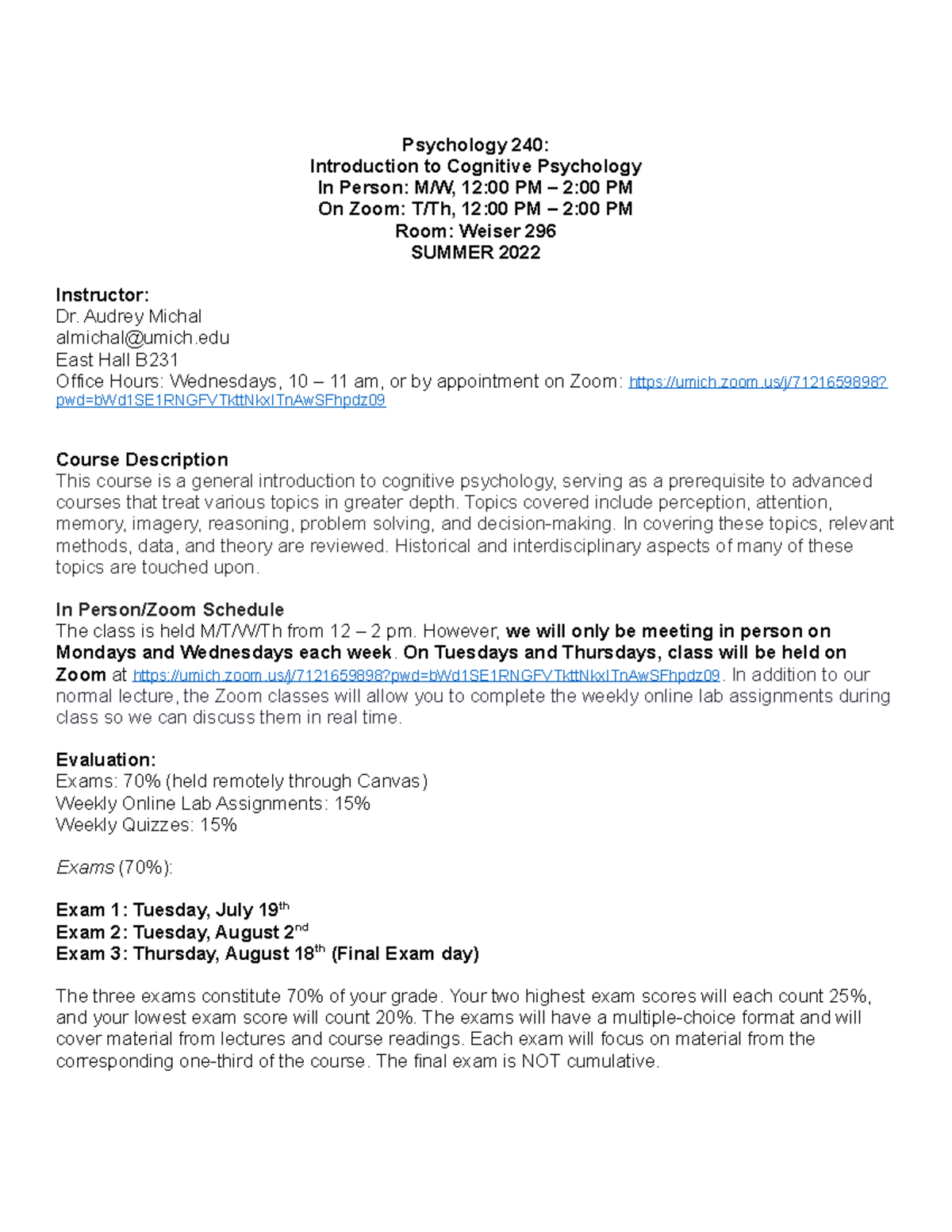 Psyc240 Syllabus Summer 2022 - Psychology 240: Introduction to ...