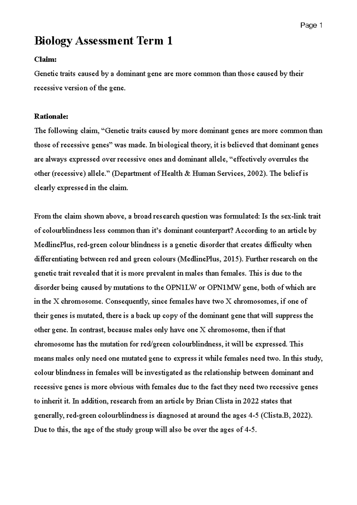 Biology Assessment - Research Investigation on Genetics 18/20 - Biology ...