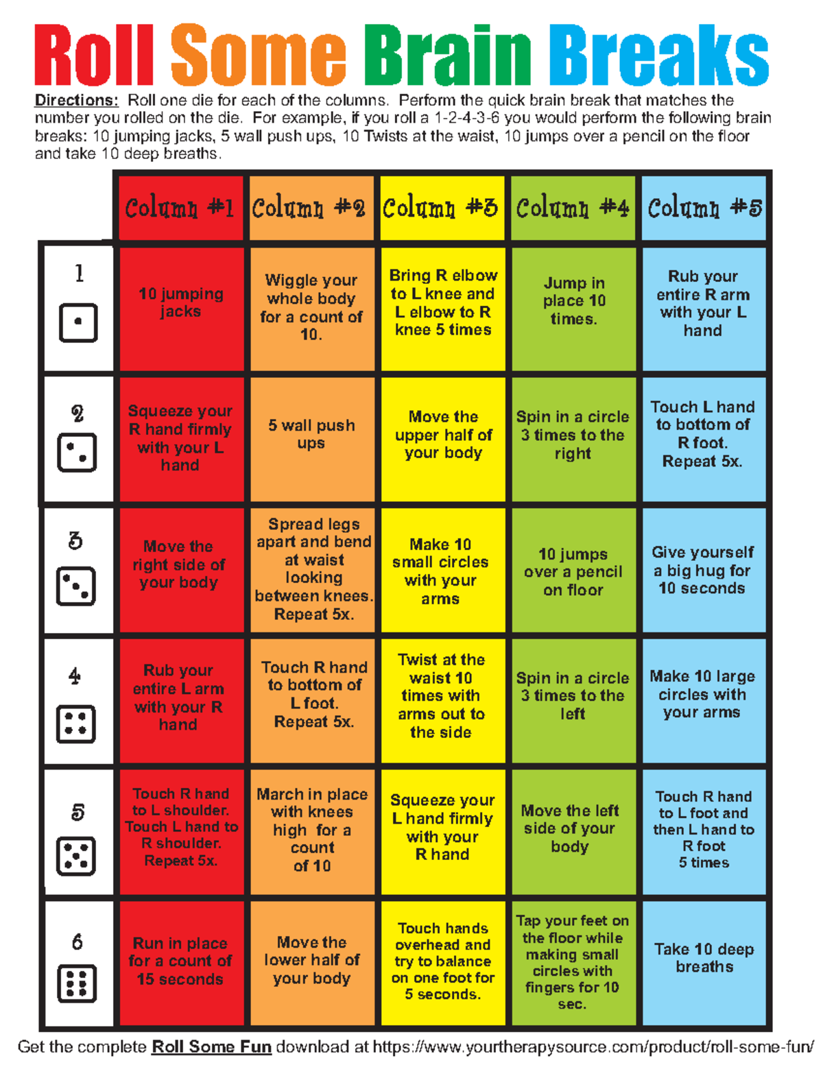 Roll Some Brain Breaks Freebie updated - Roll Some Brain Breaks ...
