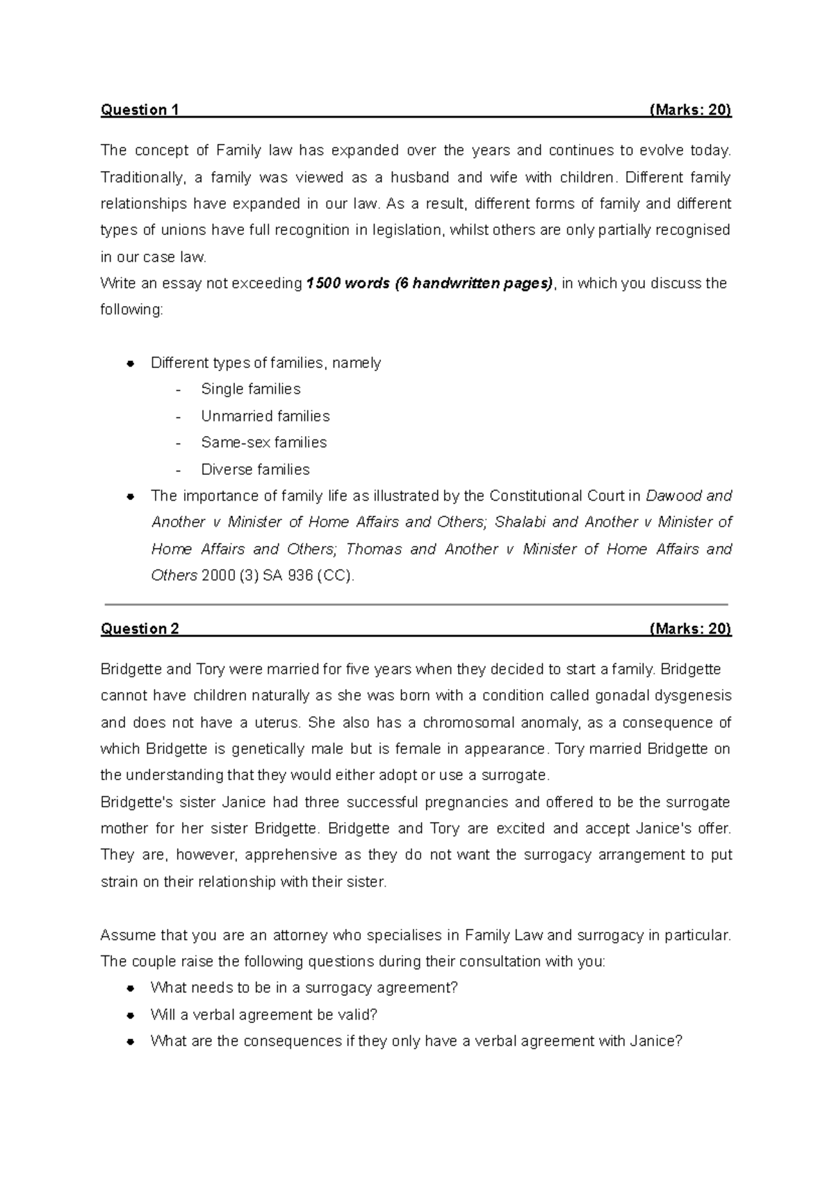 Family Law test 1 brief - Question 1 (Marks: 20) The concept of Family ...