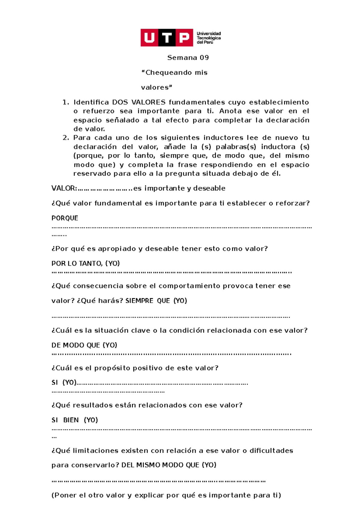 Ficha Chequeando mis valores - Semana 09 “Chequeando mis valores ...