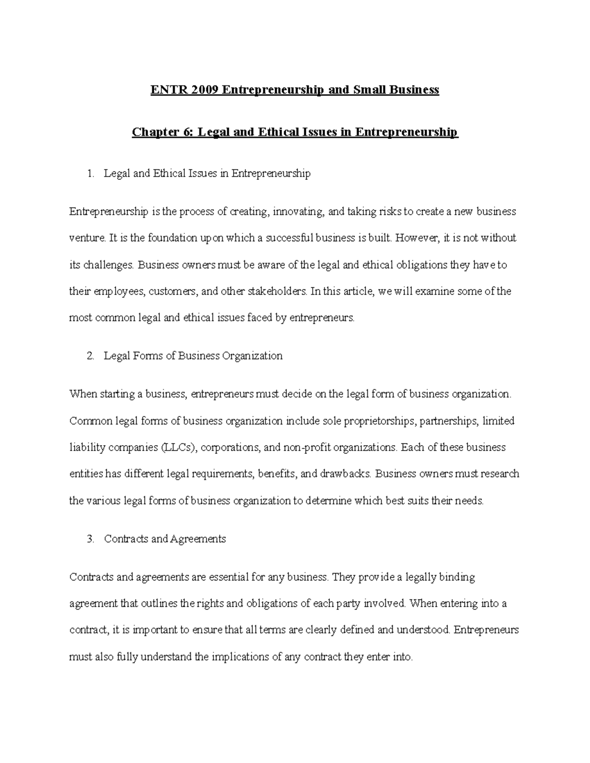 Chapter 6- Legal and Ethical Issues in Entrepreneurship - ENTR 2009 ...