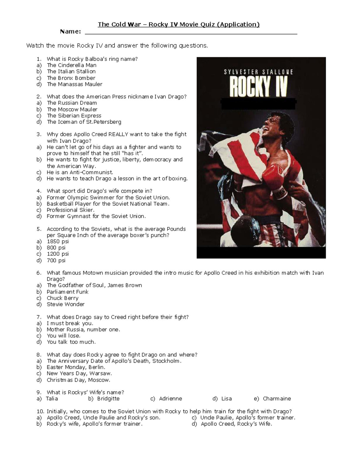 Rockyivquiz work sheet - The Cold War – Rocky IV Movie Quiz ...