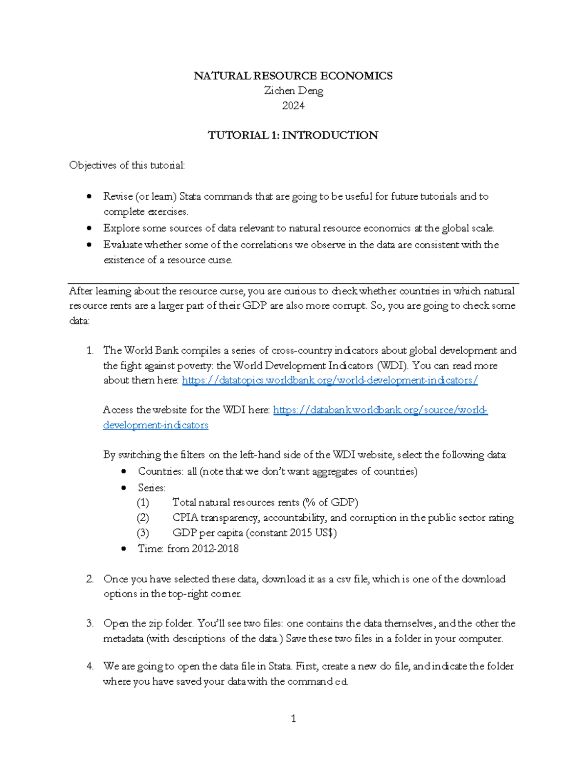 Tutorial 1 Intro Sustainability - NATURAL RESOURCE ECONOMICS Zichen Deng 2024 TUTORIAL 1 ...