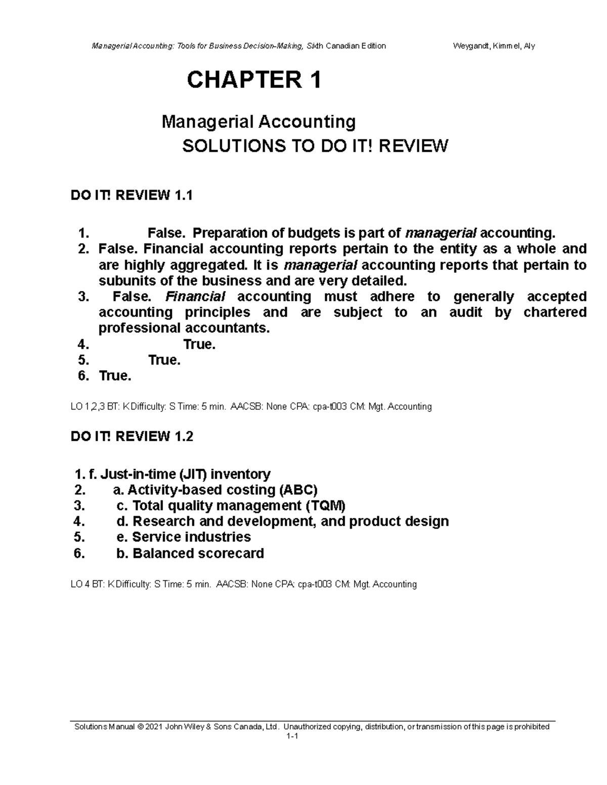 CH. 1 Practice Solutions - CHAPTER 1 Managerial Accounting SOLUTIONS TO DO IT! REVIEW DO IT ...