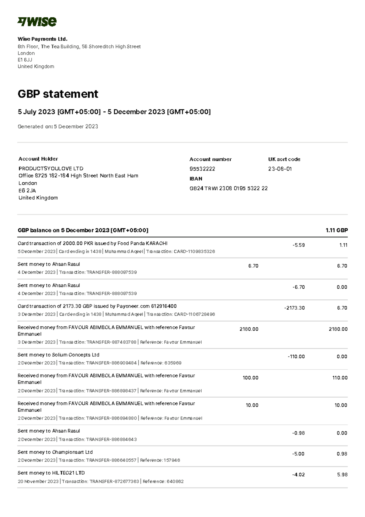 Balance statement-1 - Wise Payments Ltd. 6th Floor, The Tea Building ...