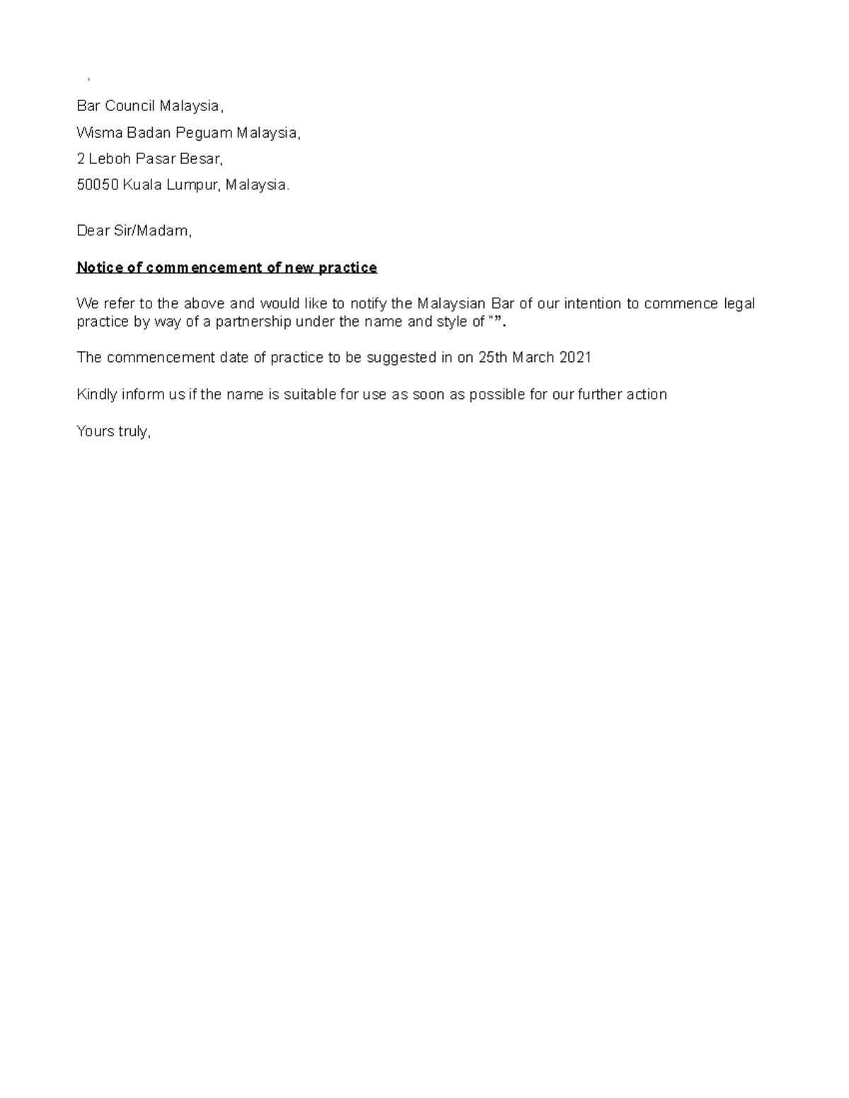 Commencement notice & approval Bar Council Malaysia - Solicitors ...