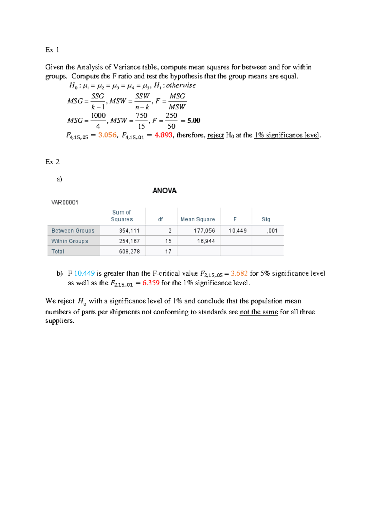 Applied Statistics 2 - TA class 1 - solutions - Ex 1 Given the Analysis of Variance table ...
