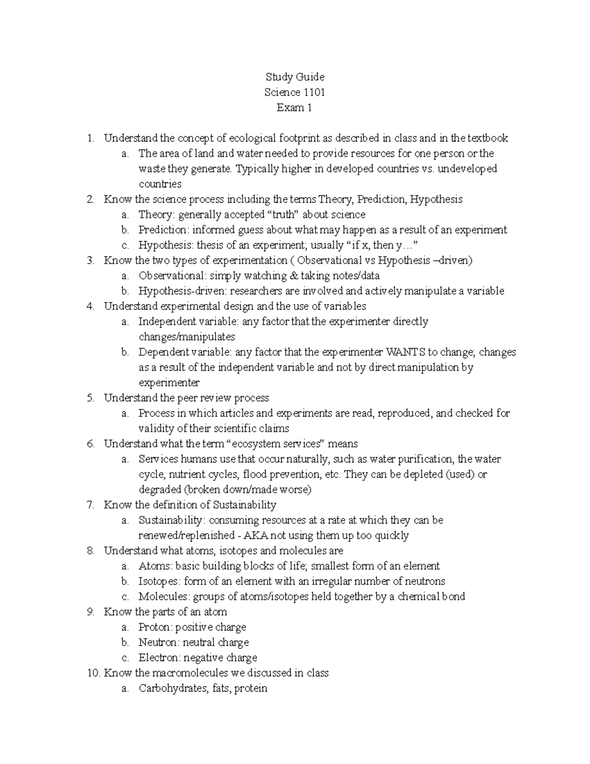 SCI 1101 - EXAM ONE Study Guide - Chapters 1, 6, 7 - Study Guide ...