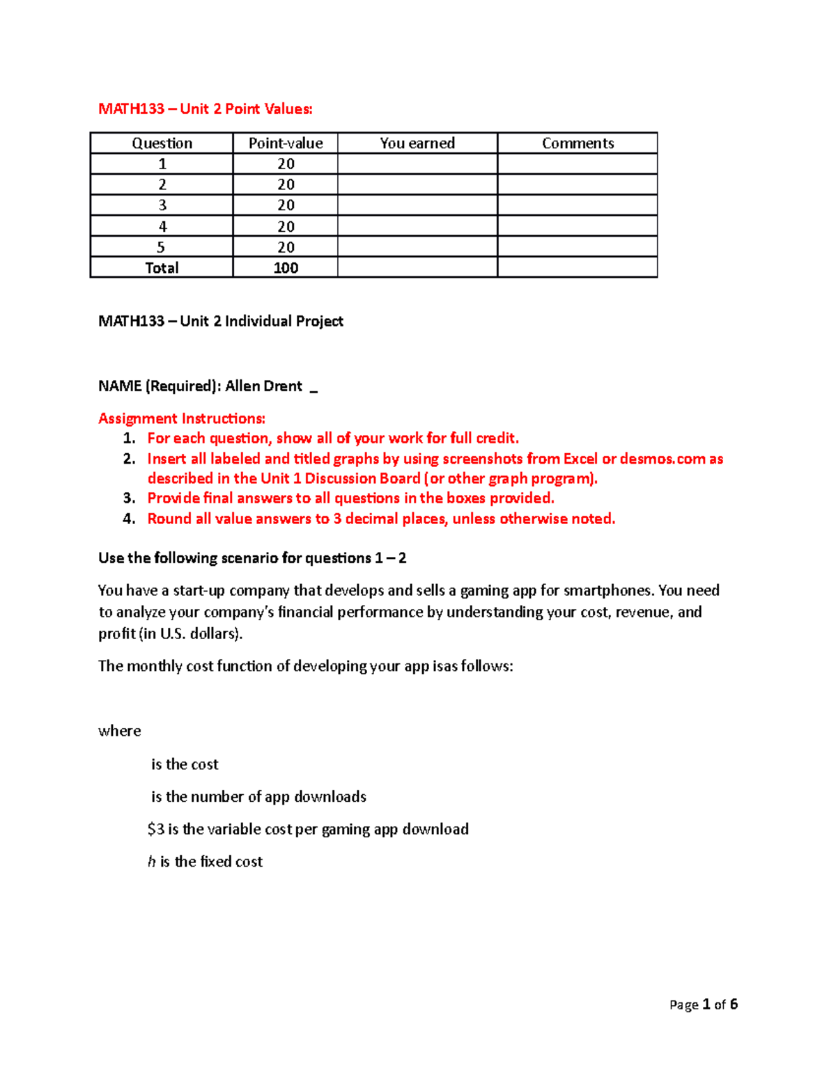 Drent U2 IP MATH133 - assignment - MATH133 – Unit 2 Point Values ...