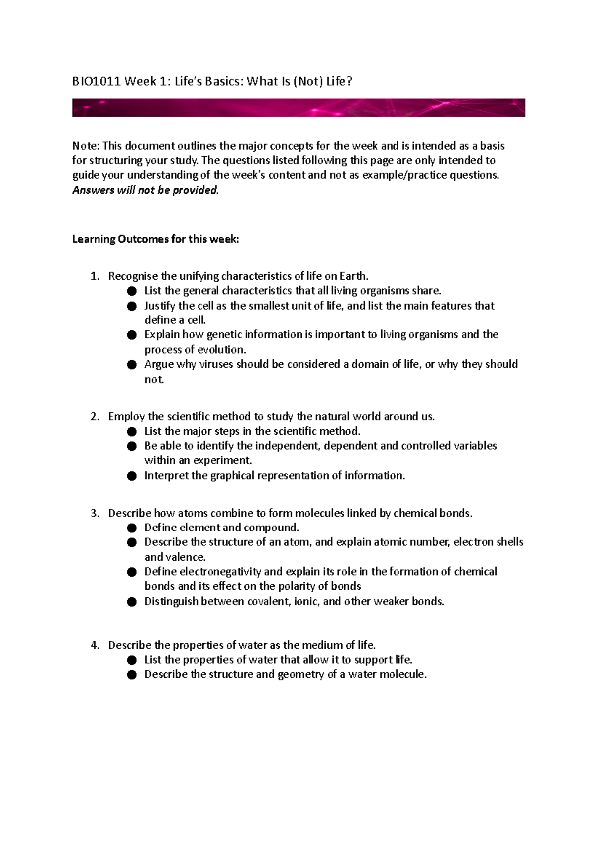 Week 1 Study Guide - BIO1011 Week 1: Life’s Basics: What Is (Not) Life ...