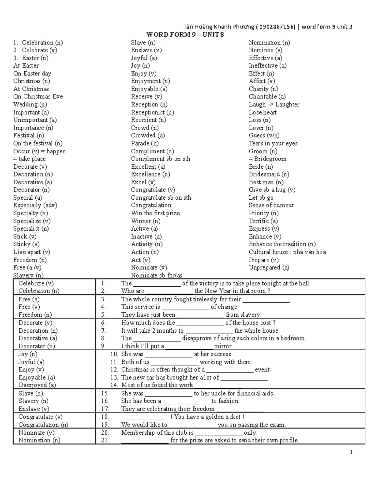 WORD FORM 9 13 1 - WORD FORM 9 13 1 - WORD FORM 9 – UNIT 8 Celebration (n) Celebrate (v) Easter ...