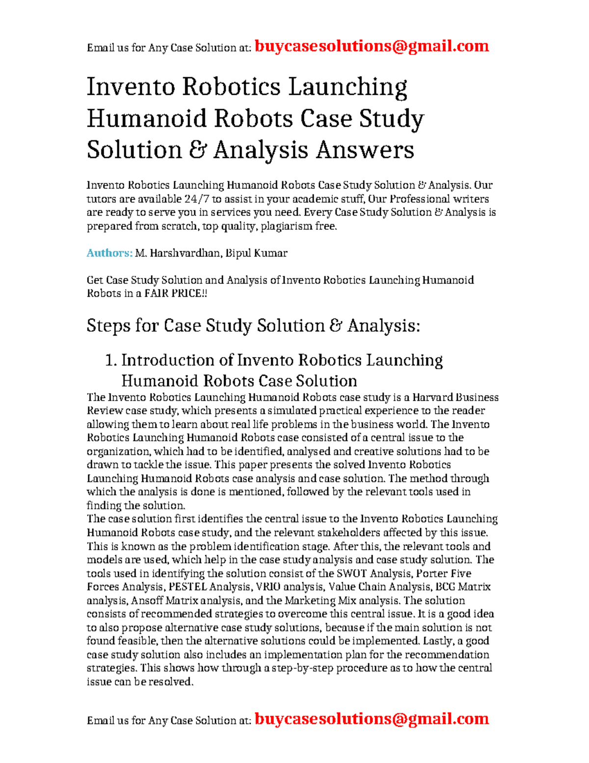 Case Solution Invento Robotics Launching Humanoid Robots - Invento ...