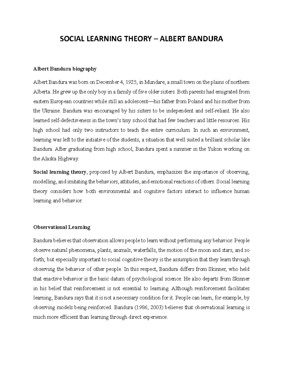 Social Learning Theory - SOCIAL LEARNING THEORY – ALBERT BANDURA Albert ...