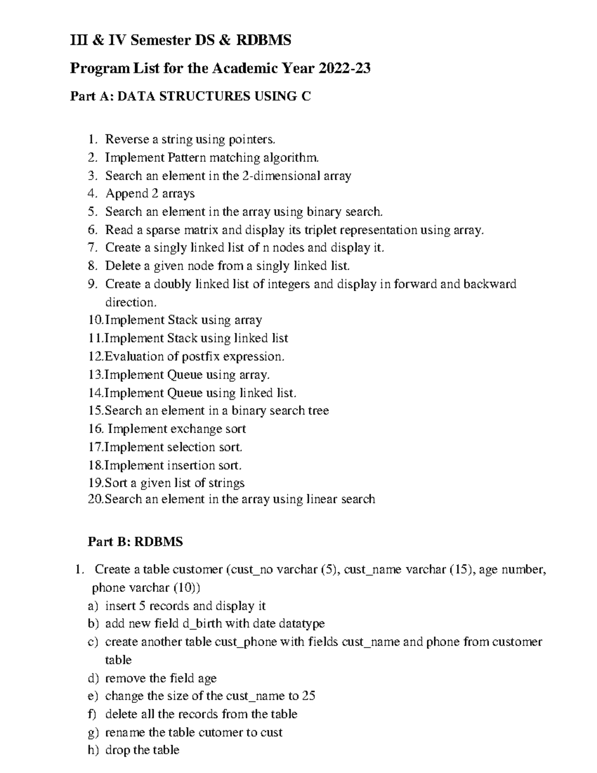 IV Sem DS and Rdbms 2022 - III & IV Semester DS & RDBMS Program List for the Academic Year - Studocu
