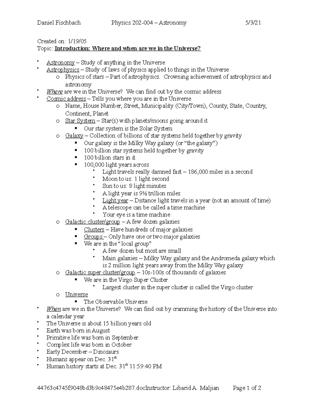 Introduction Where and When Are We in the Universe Notes - Daniel ...