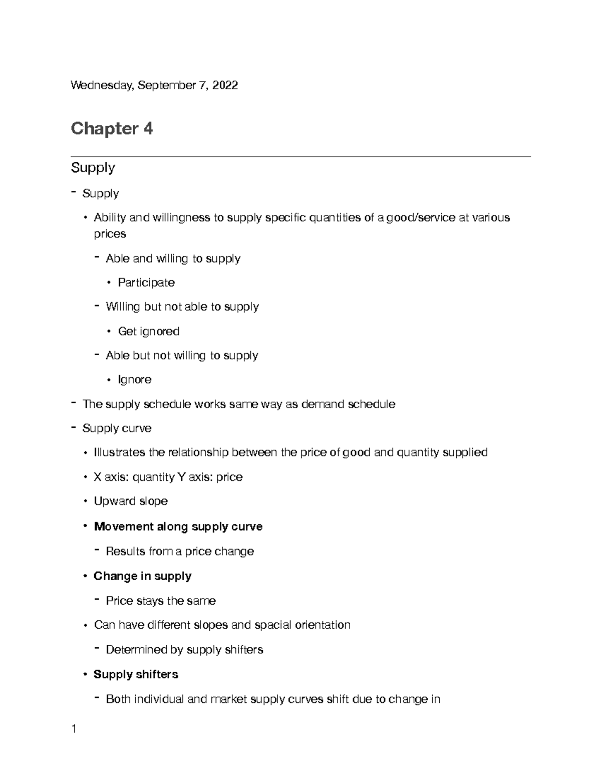 economics chapter 4 - Wednesday, September 7, 2022 Chapter 4 Supply ...