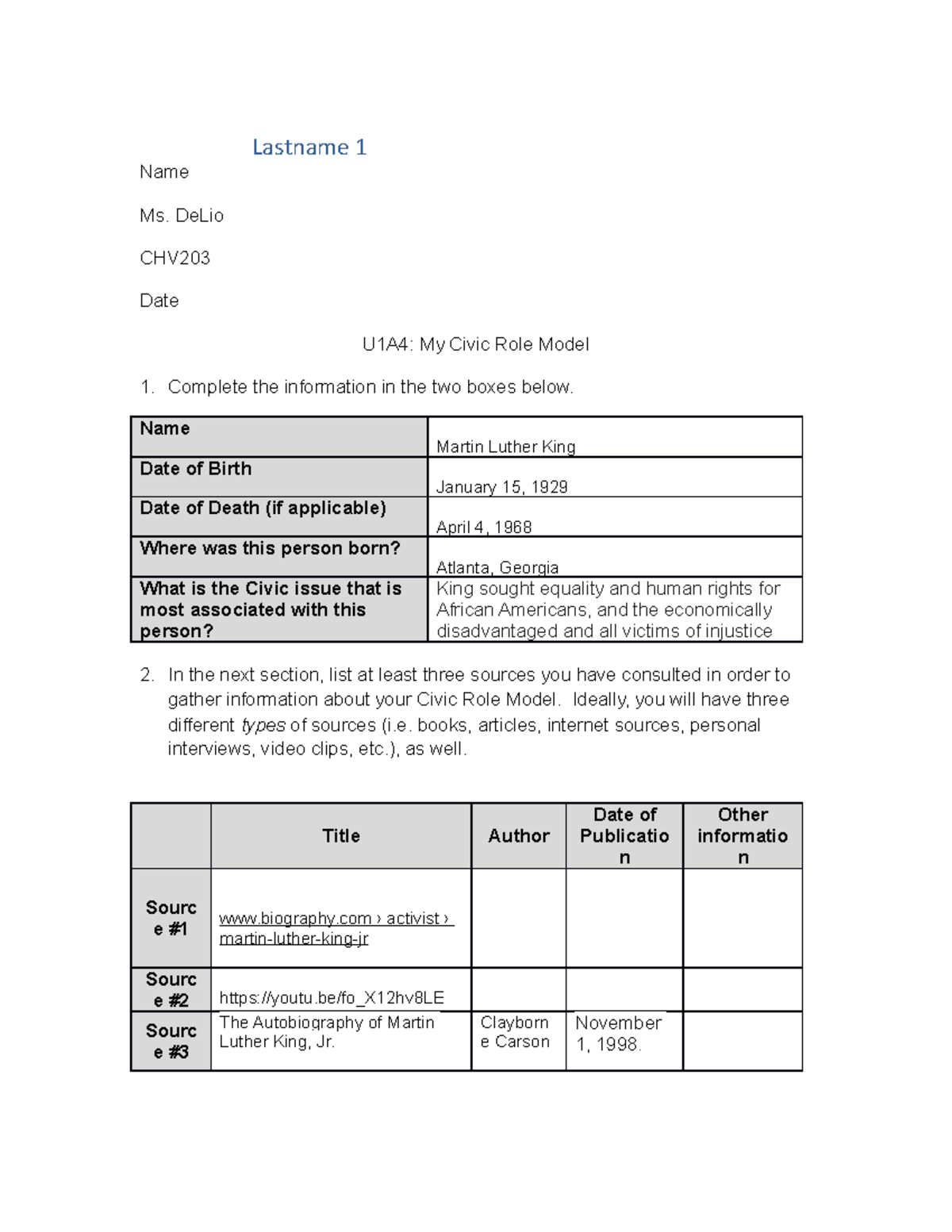 A Civic Role Model Assignment - Lastname 1 Name Ms. DeLio CHV Date U1A4 ...