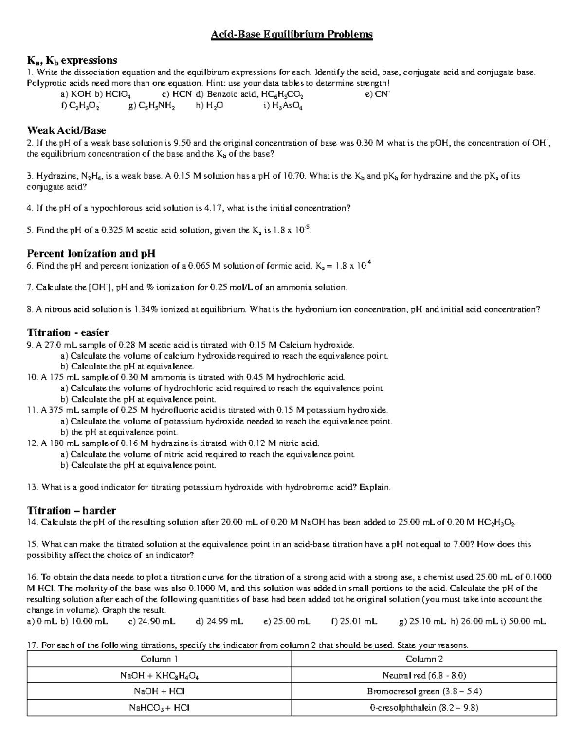 2 Worksheet Acid Base Unit Problems - Acid-Base Equilibrium Problems Ka ...