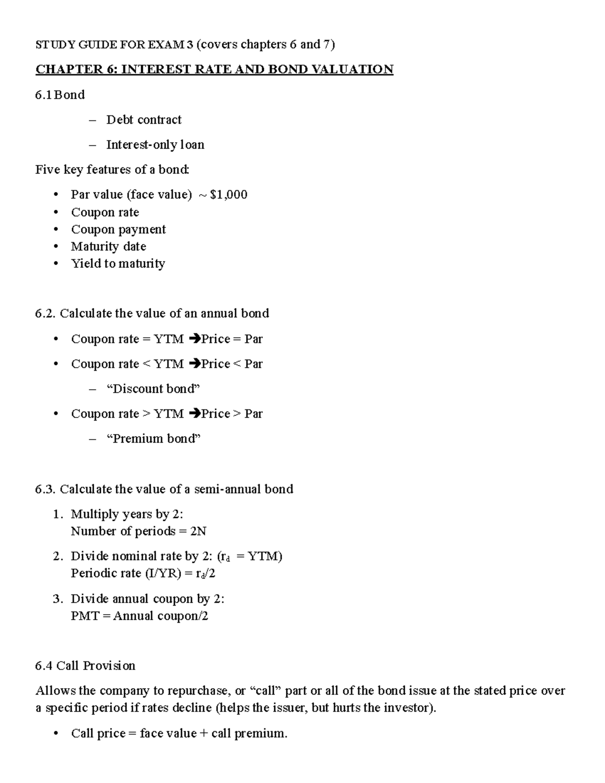 FNAN 300 Exam 3 Study Guide - STUDY GUIDE FOR EXAM 3 (covers chapters 6 ...