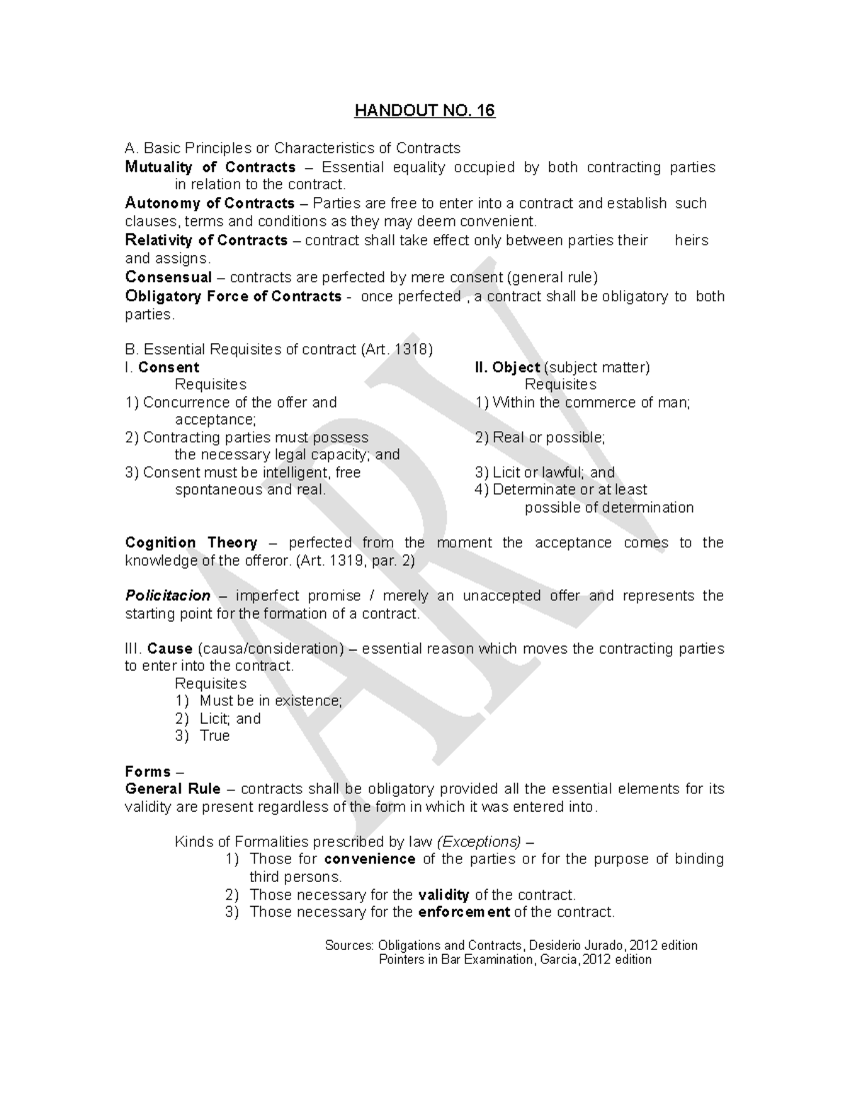 Handout No. 16 - This is a lecture in Law - HANDOUT NO. 16 A. Basic ...