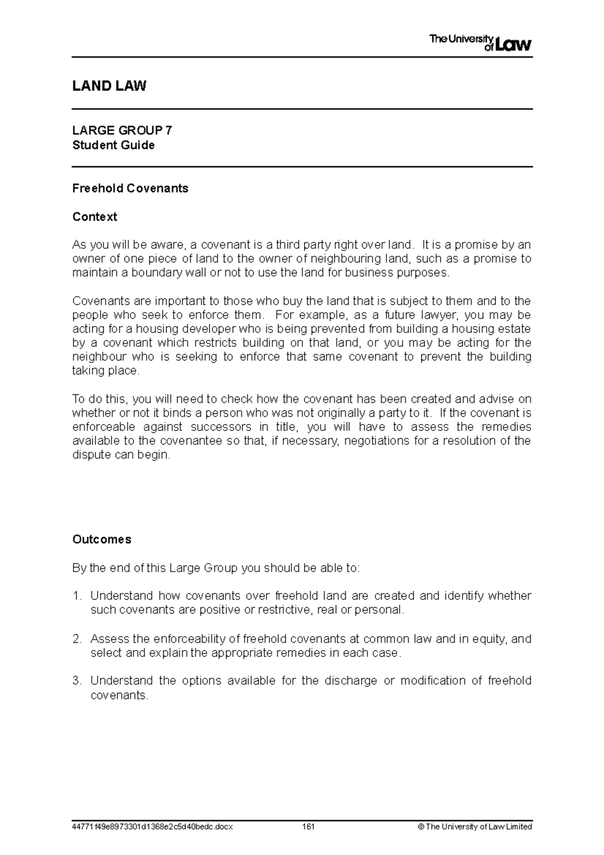 Land Law LG 7 - LAND LAW LARGE GROUP 7 Student Guide Freehold Covenants ...