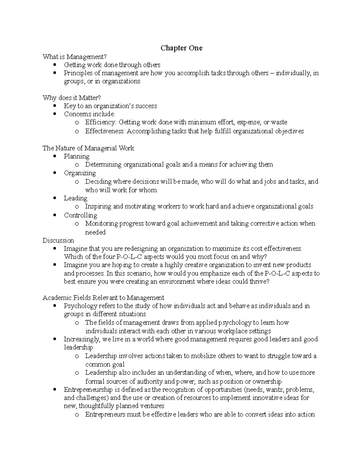Exam 1 - Exam 1 - Chapter One What is Management? Getting work done ...