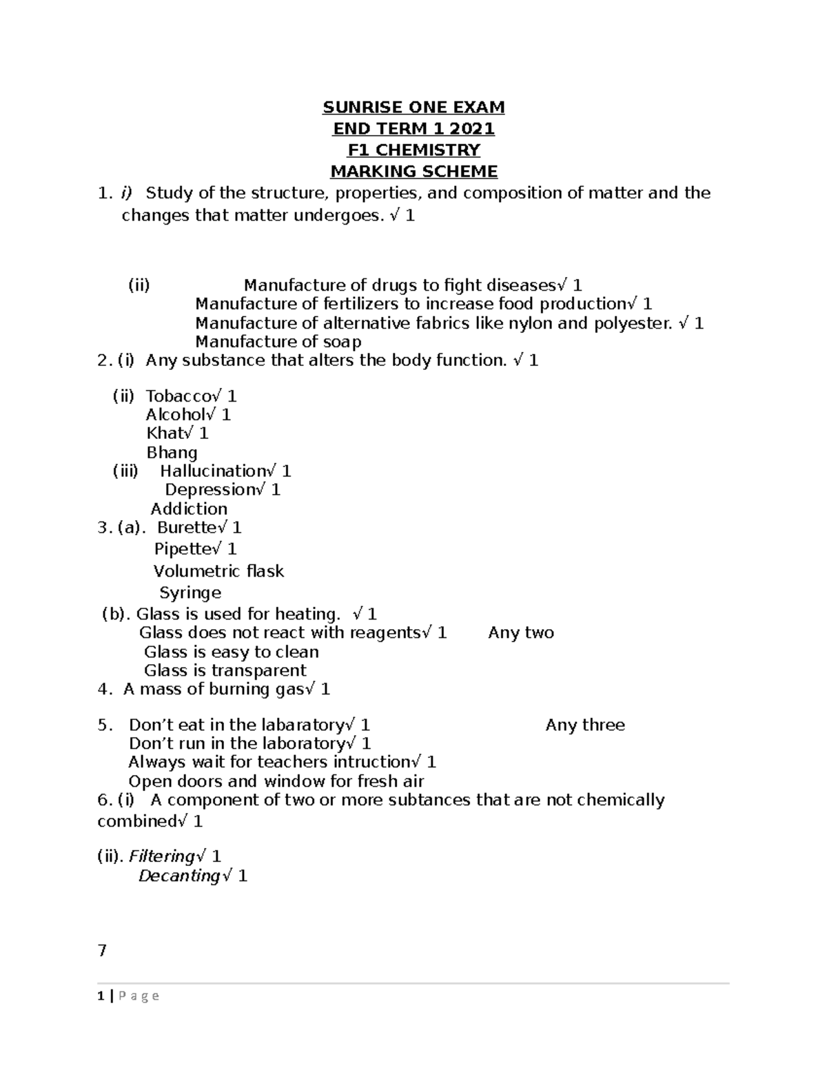 233 F1 Chemistry MS - News to form one students - SUNRISE ONE EXAM END ...