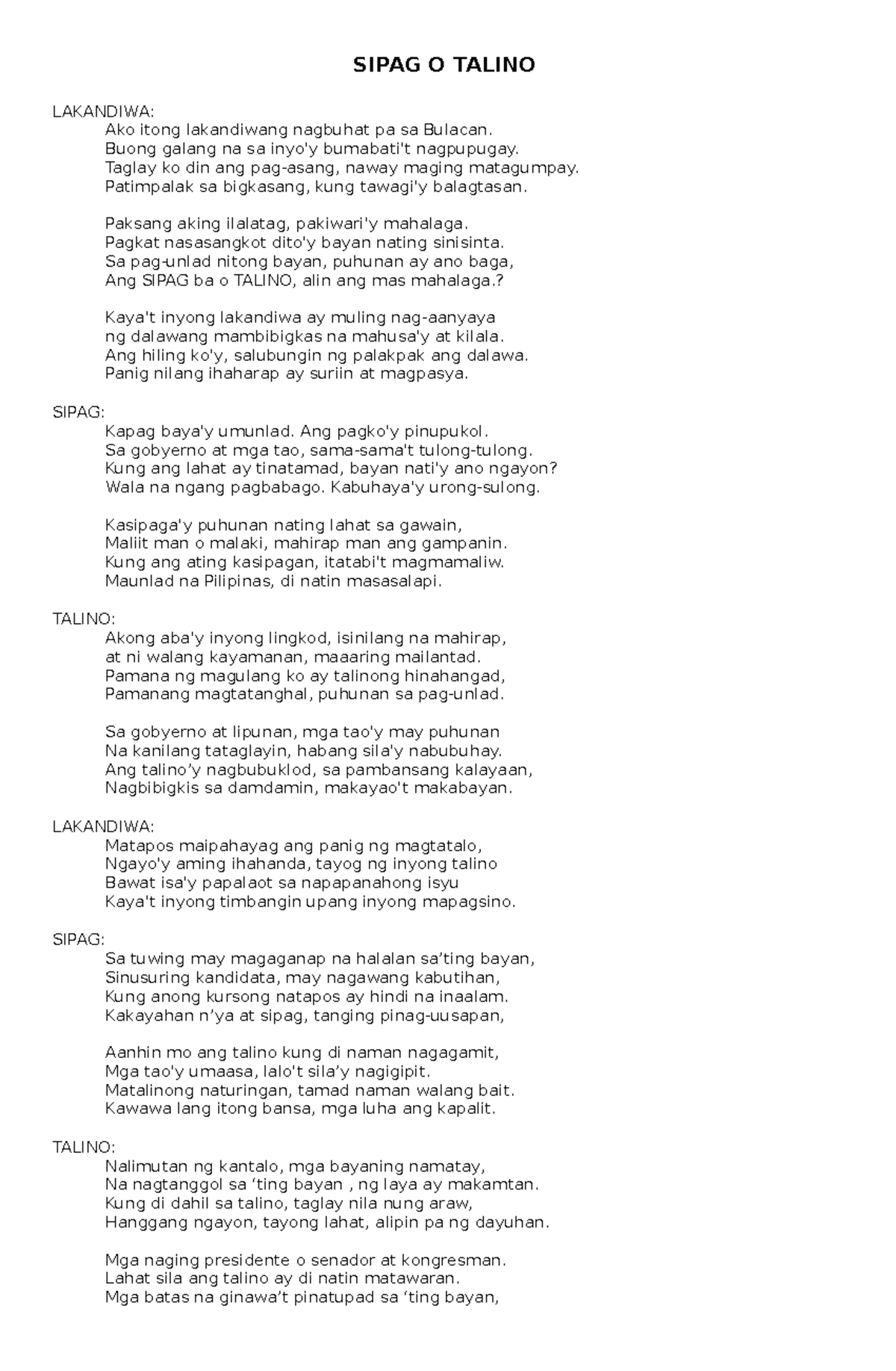 Dokumen - balagtasan - SIPAG O TALINO LAKANDIWA: Ako itong lakandiwang ...