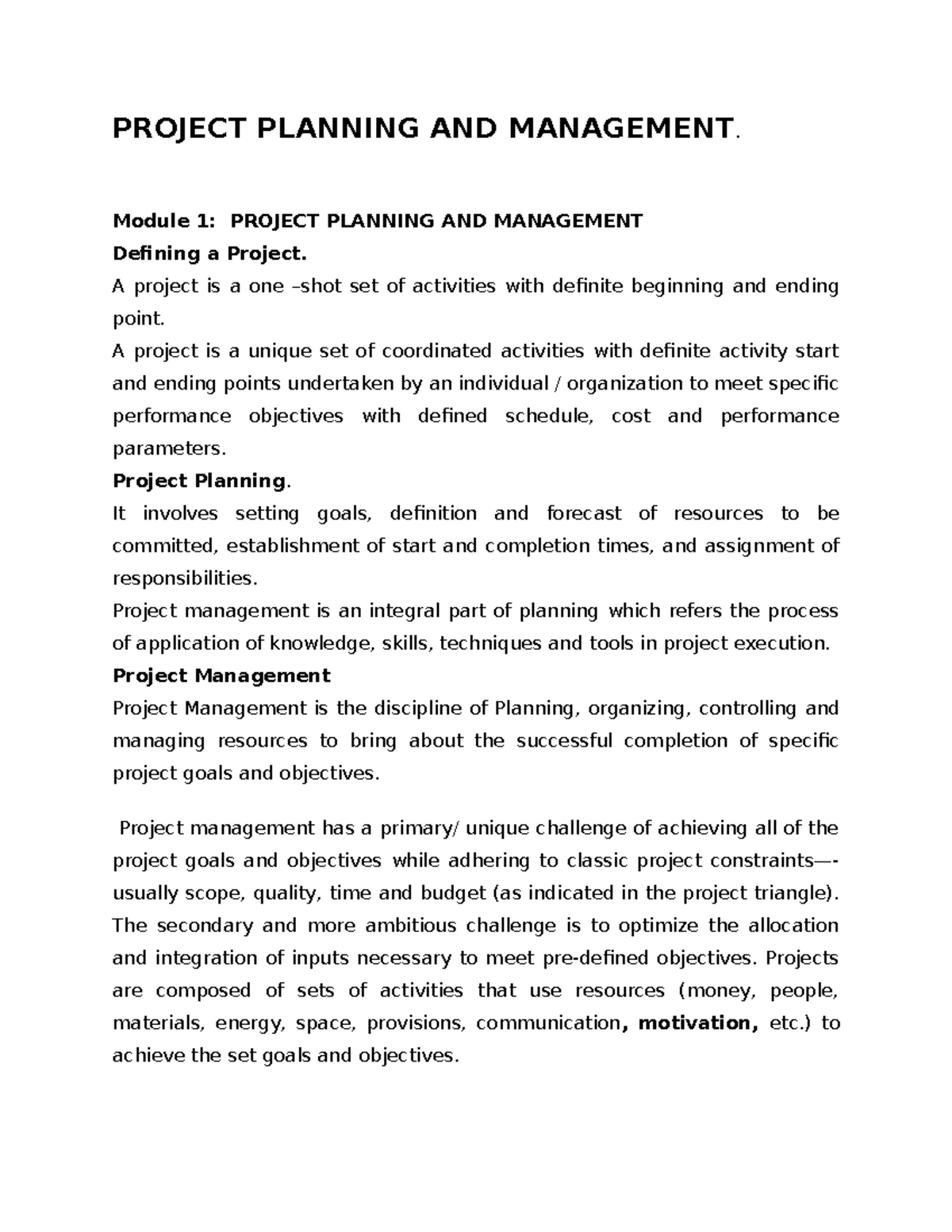 Project PM FF Felix - Lecture Notes - PROJECT PLANNING AND MANAGEMENT ...