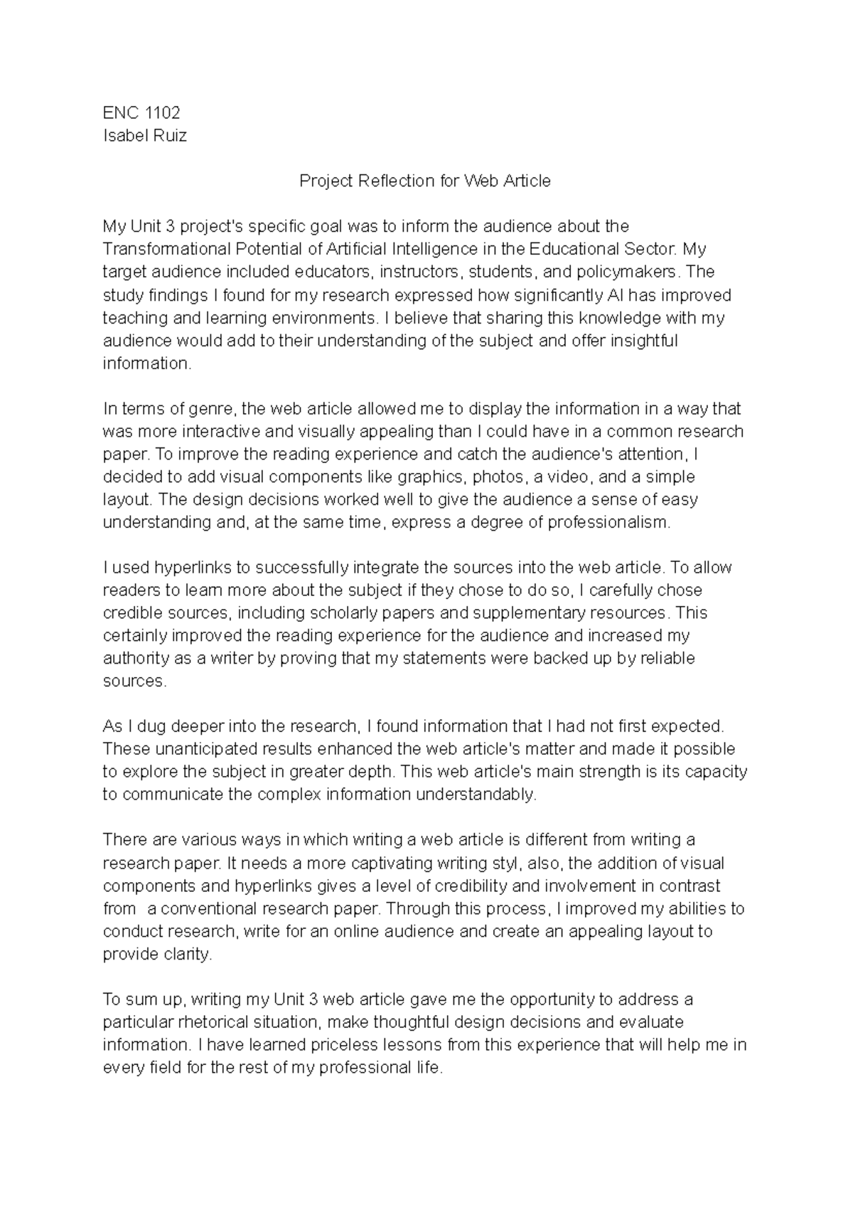 Project Reflection for Web Article - ENC 1102 Isabel Ruiz Project ...