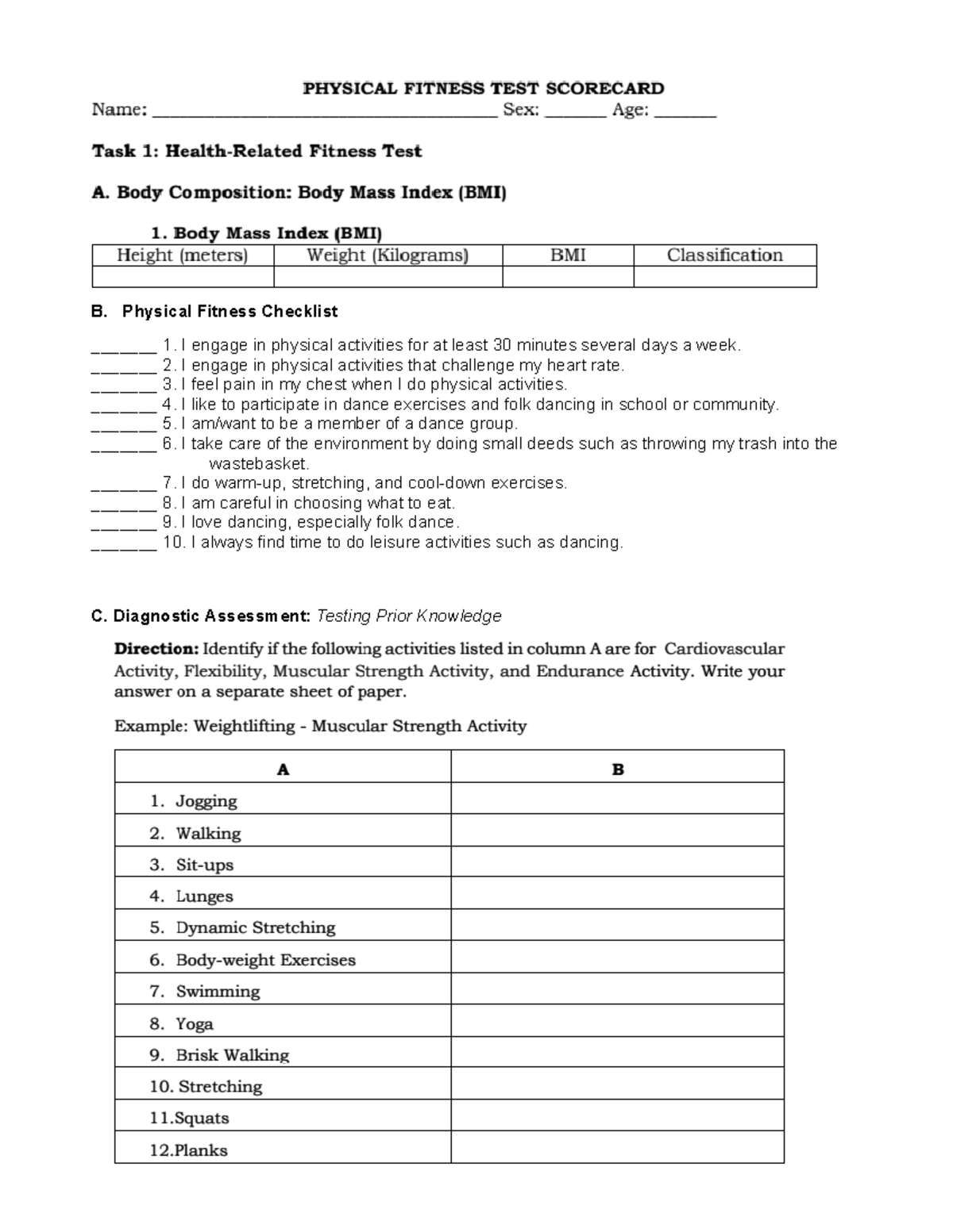 DIagnostic Test - HOPE 1 - B. Physical Fitness Checklist _______ 1. I ...