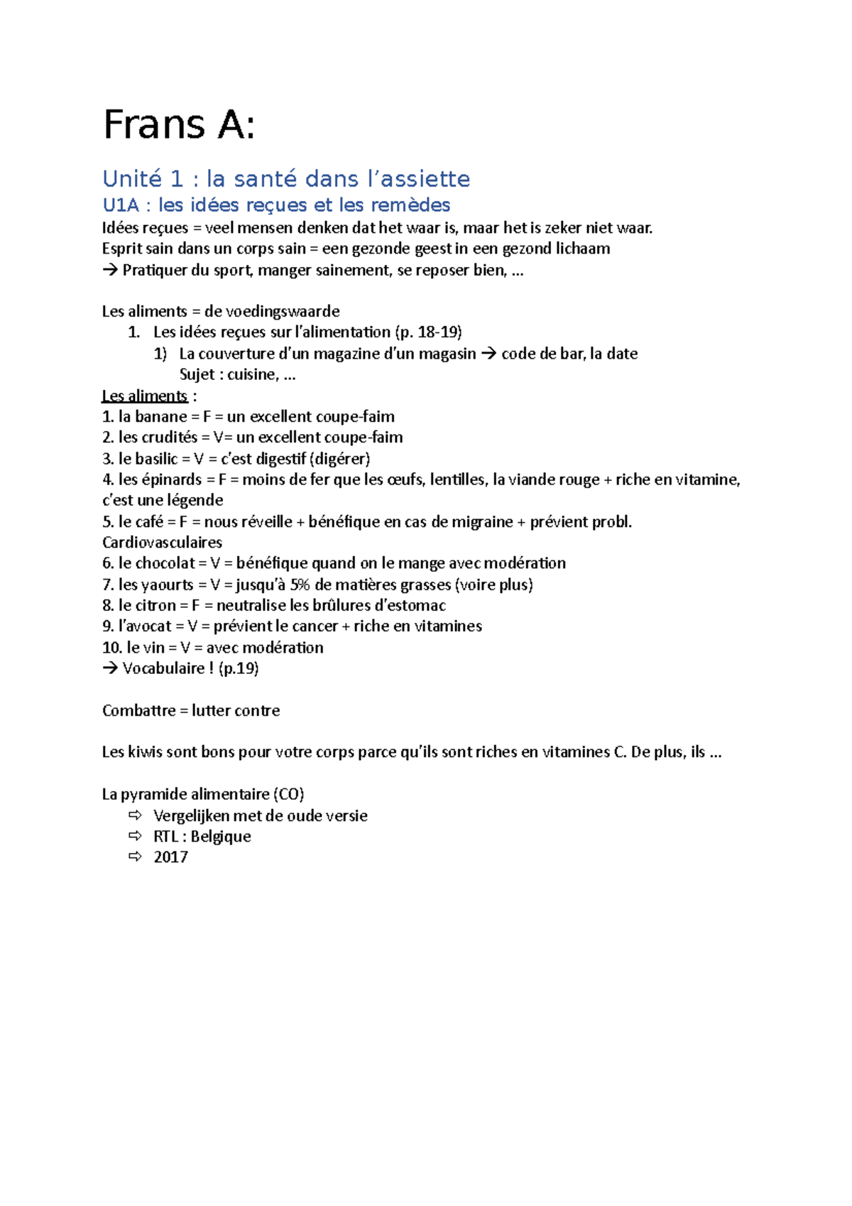 Unité 1A - Frans A: Unité 1 : la santé dans l’assiette U1A : les idées ...