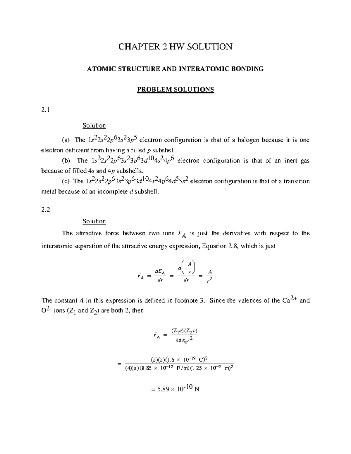 Ch02-HW2 Solution - CHAPTER 2 HW SOLUTION ATOMIC STRUCTURE AND INTERATOMIC BONDING PROBLEM ...