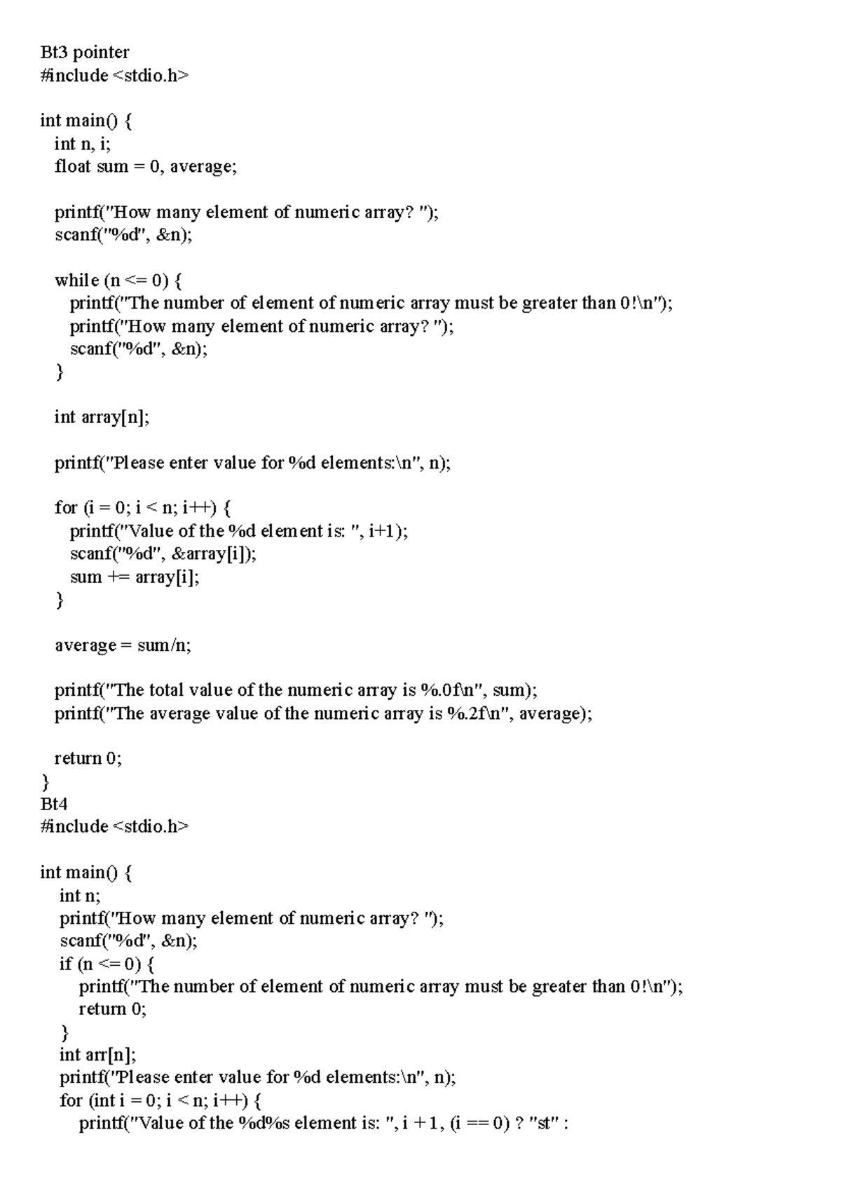 Bt3 pointer - Bt3 pointer #include int main() { int n, i; float sum = 0, average; - Studocu