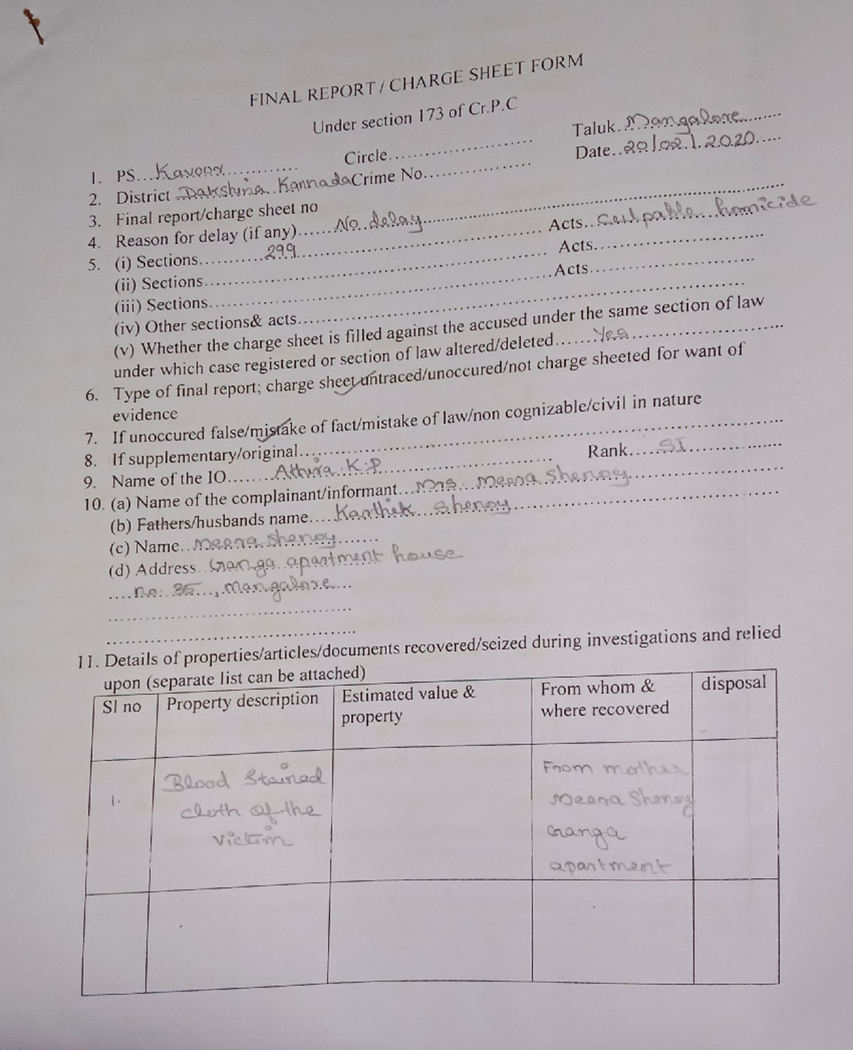 Charge sheet form 1 - It is a formal police record showing the names of ...