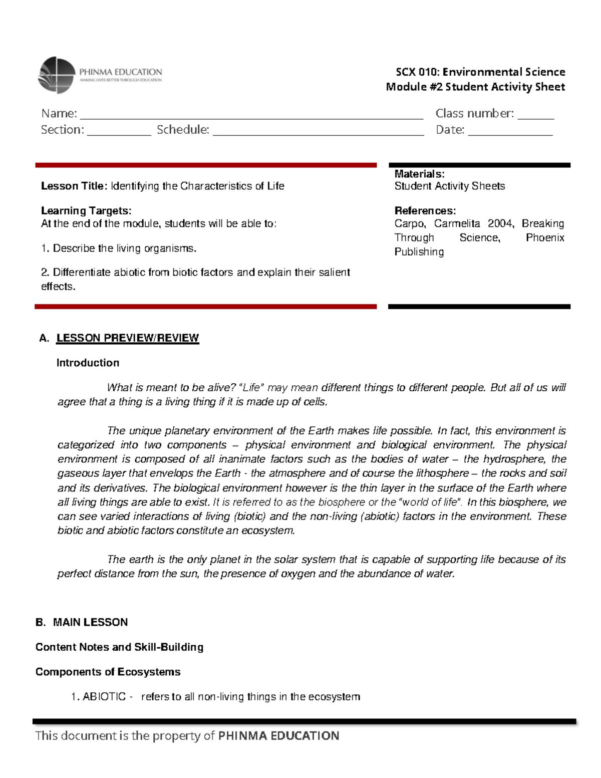 ENVI SCI SAS Day 2 - Module - Module #2 Student Activity Sheet Name: - Studocu