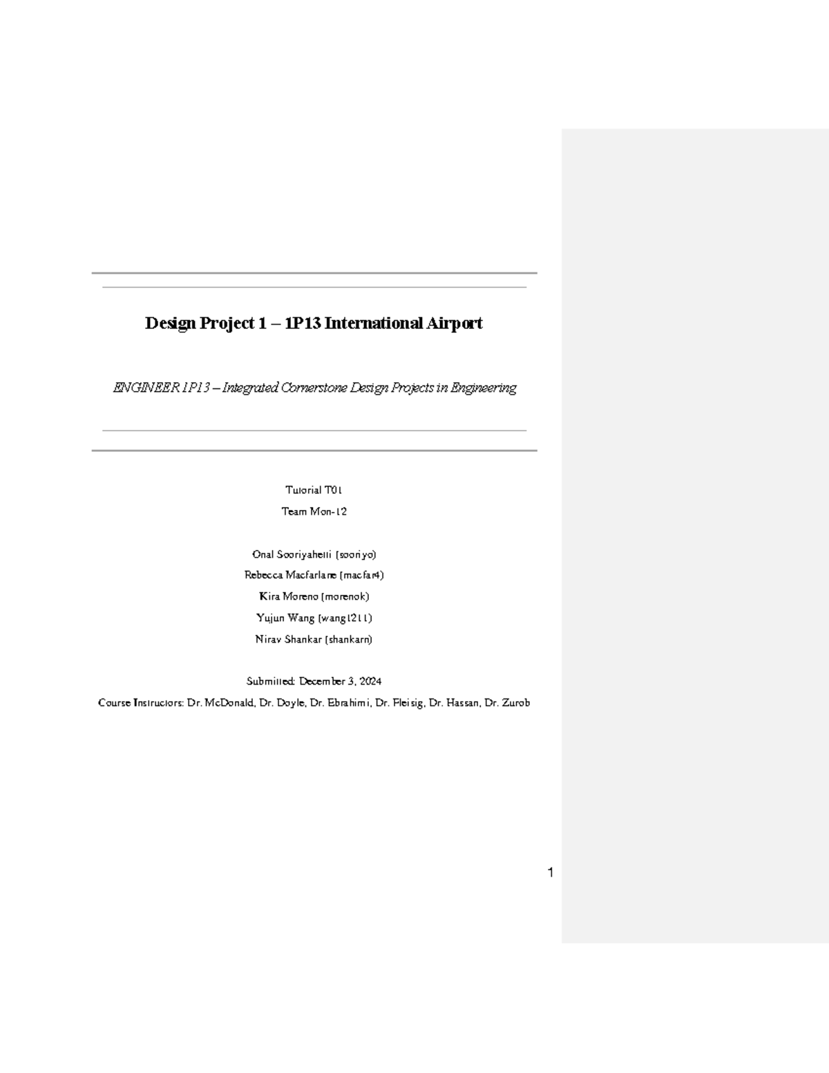 Mon-12 P1 Design Report - Design Project 1 – 1P13 International Airport ENGINEER 1P13 ...