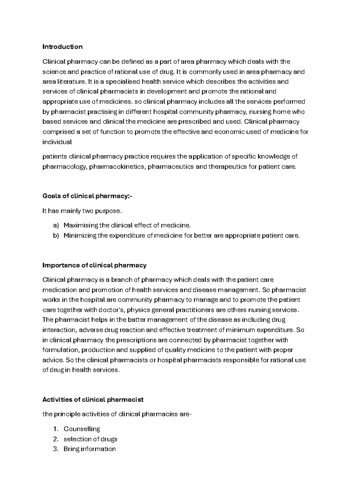 Clinical Pharmacy Note - Introduction Clinical pharmacy can be defined ...