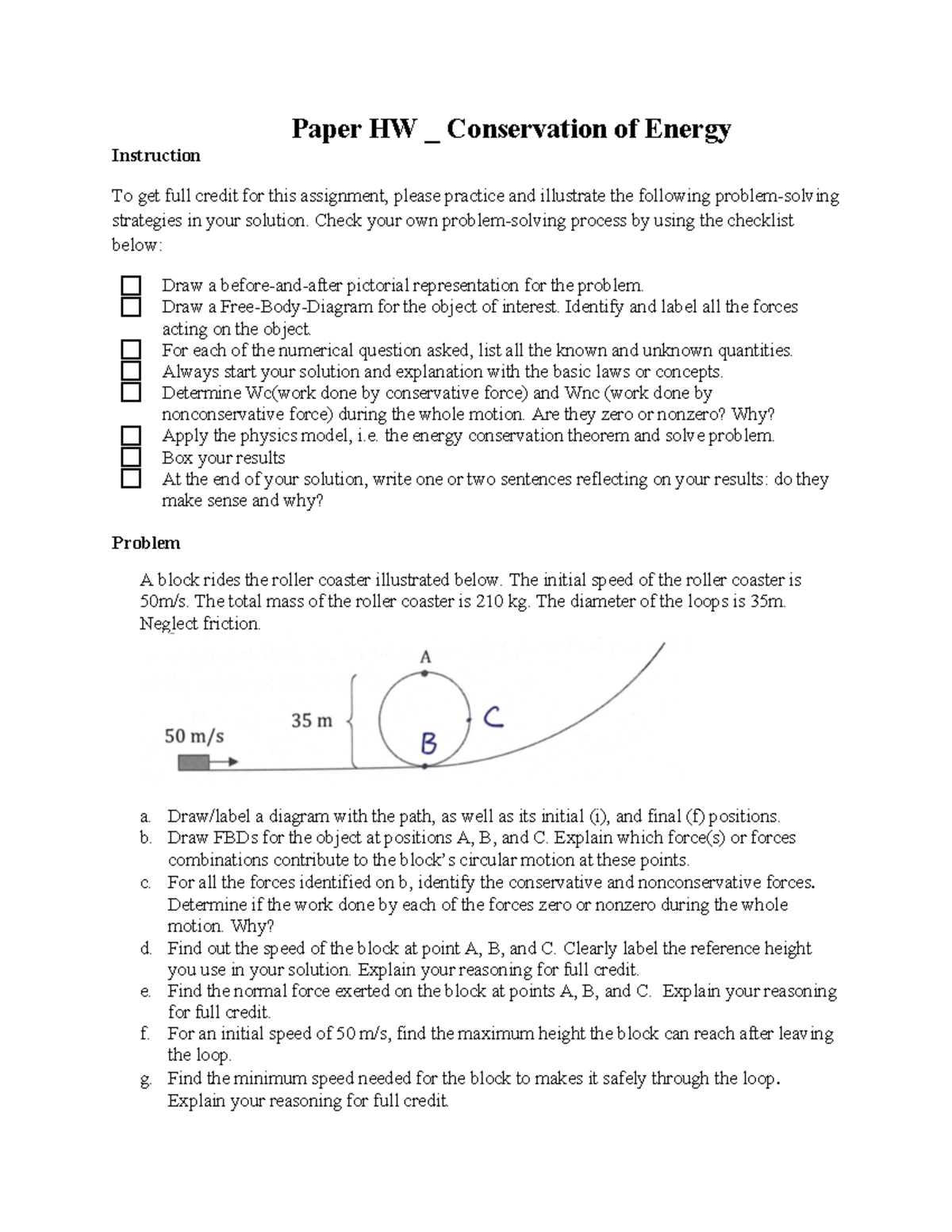 Paper Homework Energy Roller Coaster - Paper HW _ Conservation of ...