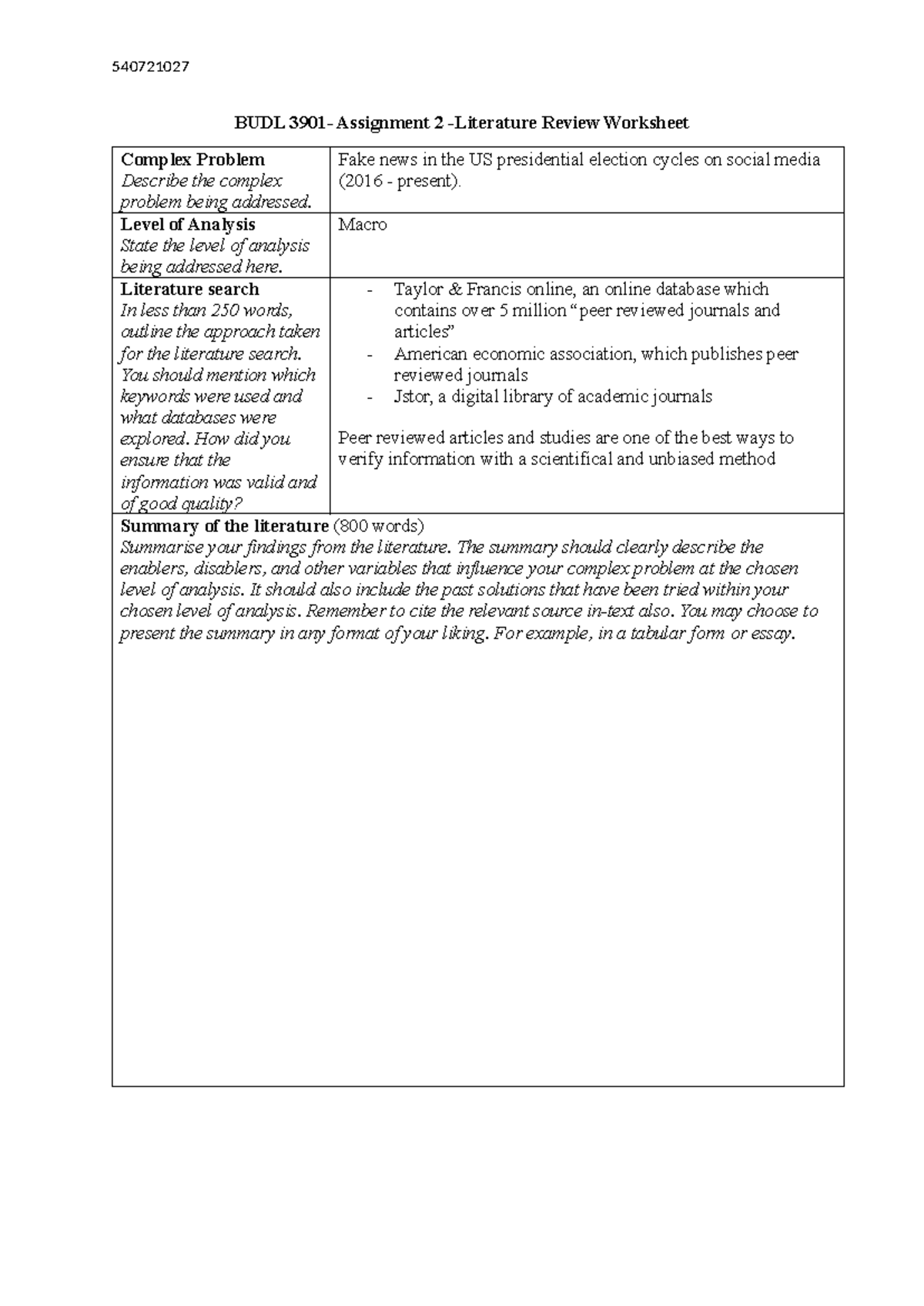 Assignment 2 Literature Review - 540721027 BUDL 3901- Assignment 2 ...