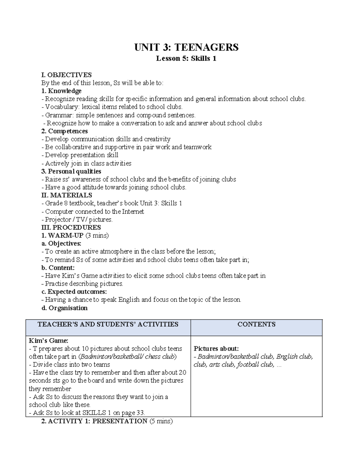 Unit 3 - Lesson 5 - Skills 1 - UNIT 3: TEENAGERS Lesson 5: Skills 1 I ...
