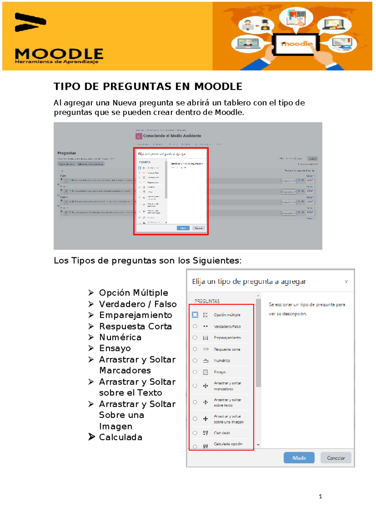 Informe de Moodle - preguntas multiples - TIPO DE PREGUNTAS EN MOODLE Al agregar una Nueva ...