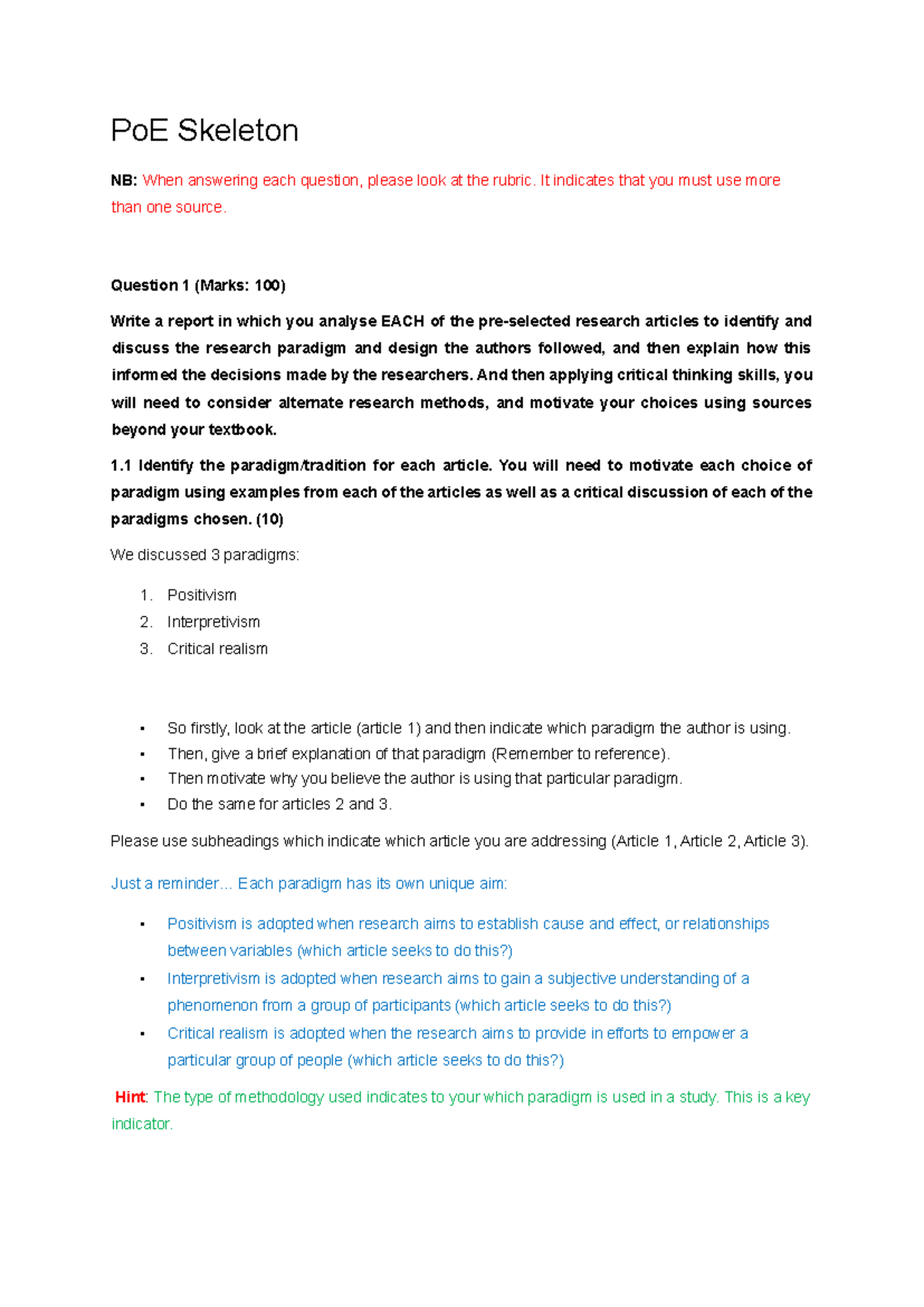 INRS7311 Po E Skeleton 2024 - PoE Skeleton NB: When answering each ...