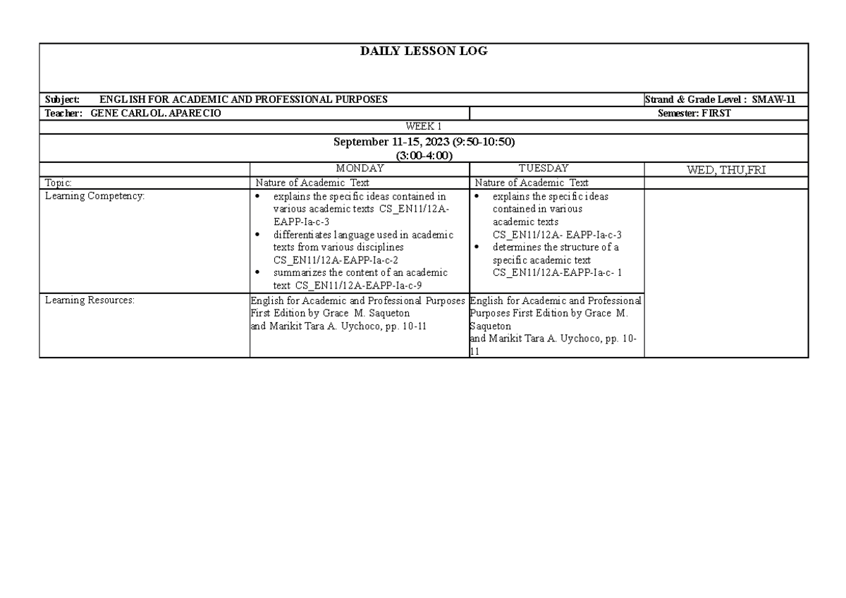 Daily Lesson Log EAPP - DAILY LESSON LOG Subject: ENGLISH FOR ACADEMIC ...