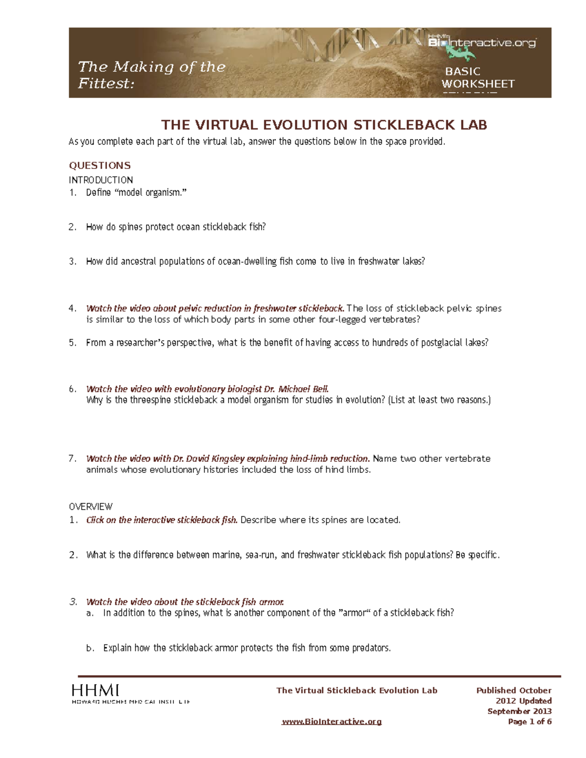 Stickleback Basic 20Lab Student - THE VIRTUAL EVOLUTION STICKLEBACK LAB ...
