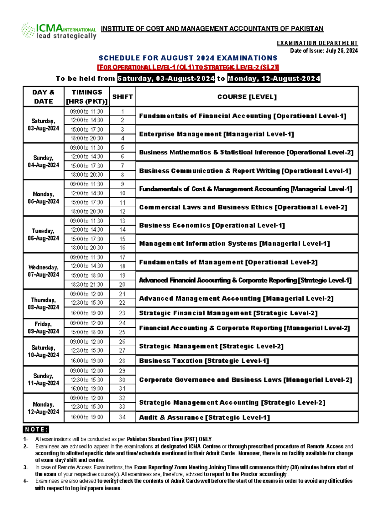 Schedule Aug2024 Examinations[OL 1-SL2] - INSTITUTE OF COST AND ...