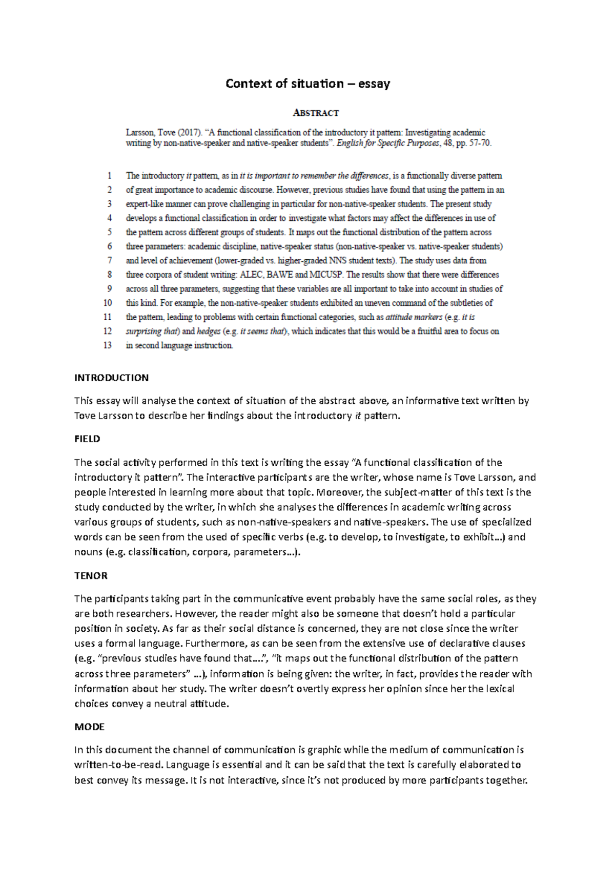 Essay 3 - Context of situation – essay INTRODUCTION This essay will ...