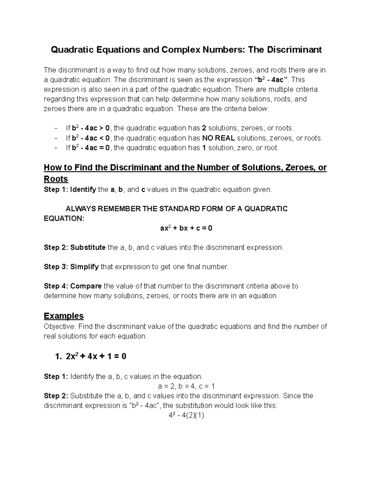 The Discriminant - Quadratic Equations and Complex Numbers: The ...
